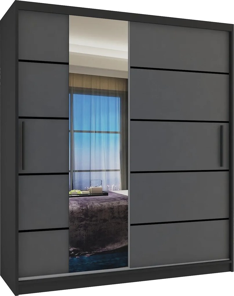 Šatní skříň 133 cm Belini černý mat / šedý mat s posuvnými dveřmi zrcadlem a zásuvkami  MBP SZP6/1/B/SR/0/KLP
