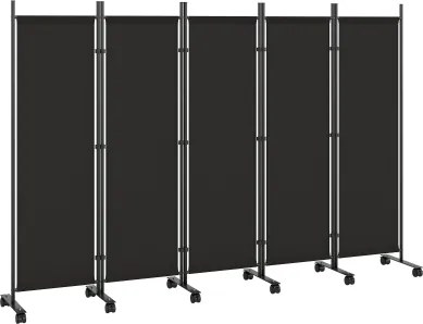 Outsunny dekorativní vnitřní přepážka z oceli s 5 panely, 12 kolečky a spojovacími svorkami, černá