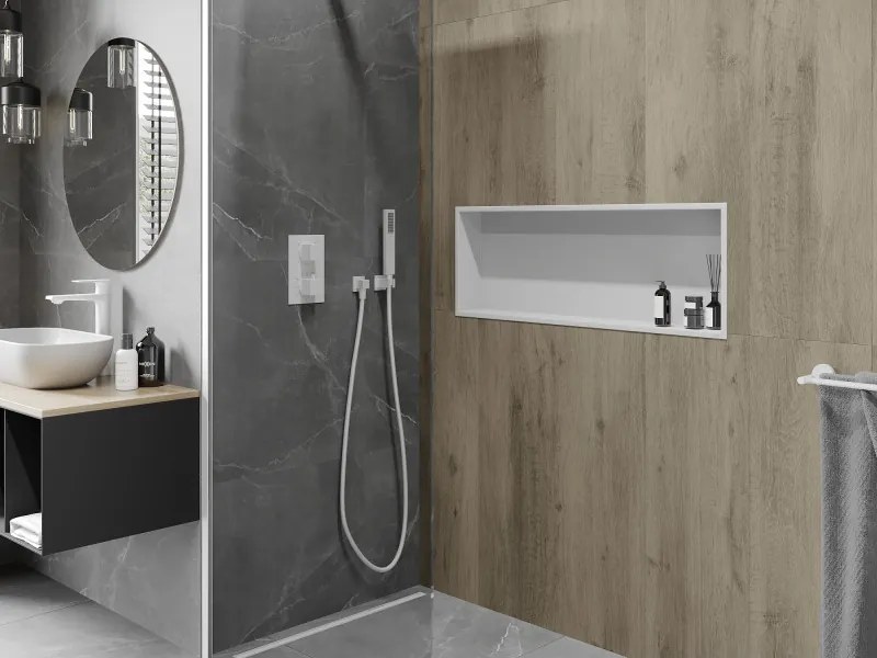 Mexen X-Wall-R, polička na zapuštění na obklad s límcem 90 x 30 cm, bílá, 1920903010