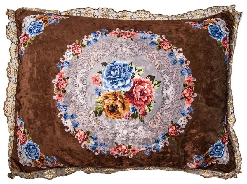 Hnědý polštář s květy a krajkou Baroque - 70*50*6 cm