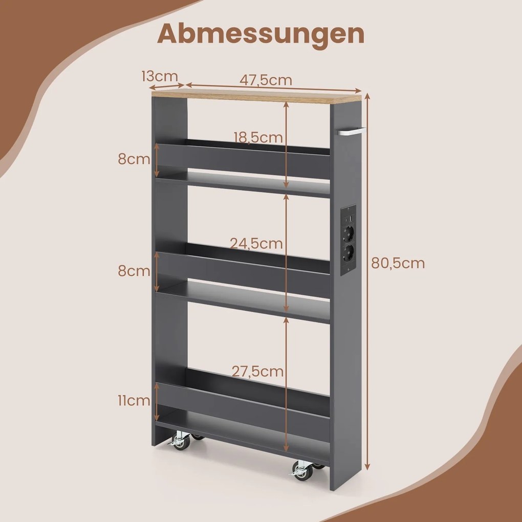 Costway 13 cm tenký úložný vozík s nabíjecí stanicí 4patrový skládací kuchyňský
