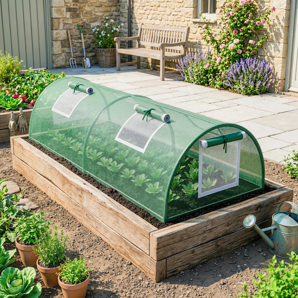 Outsunny Mini tunelový skleník Fóliový skleník s oknem ze síťoviny Fólie PE odolná proti UV záření zelená 200x80x45cm ideální pro zahradní rostliny |…