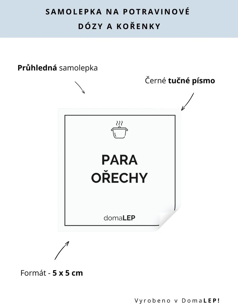 PARA OŘECHY – průhledná samolepka na dózu, tučné písmo, 5 x 5 cm | DomaLEP