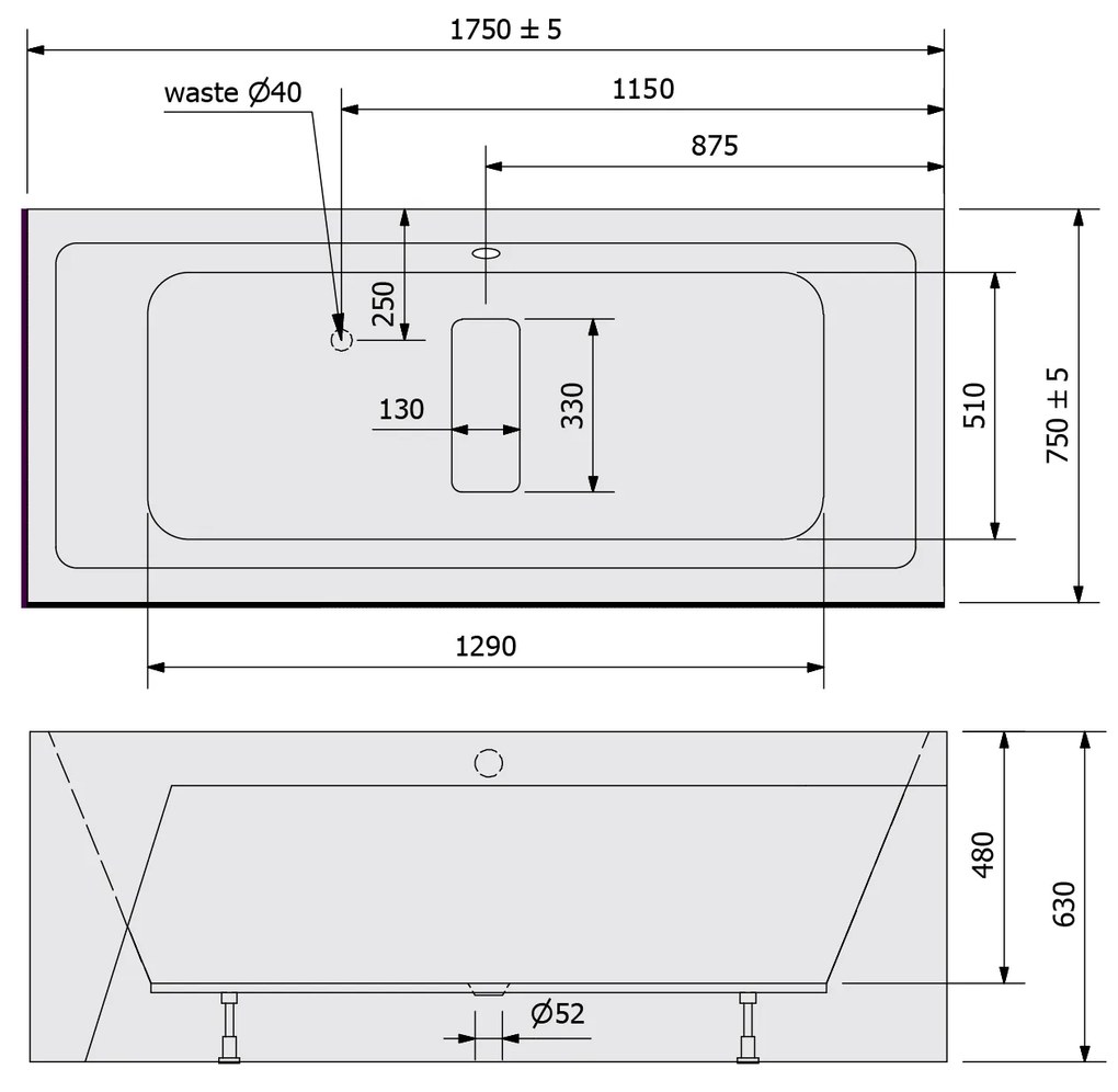 Polysan MARLENE R MONOLITH obdélníková vana 175x75x63cm, bílá, 72034MR