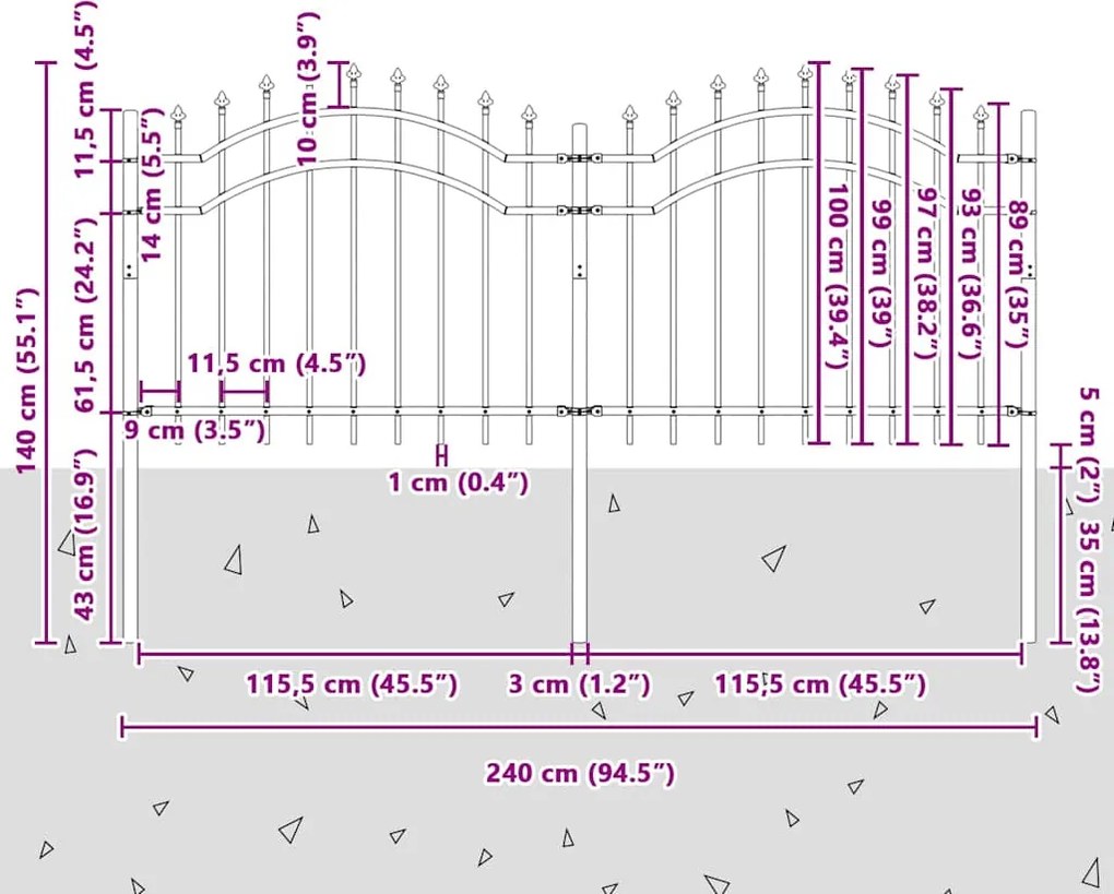 Zahradní plot Woerden s kopím nahoře černý 240 x 100 cm ocelový 151080