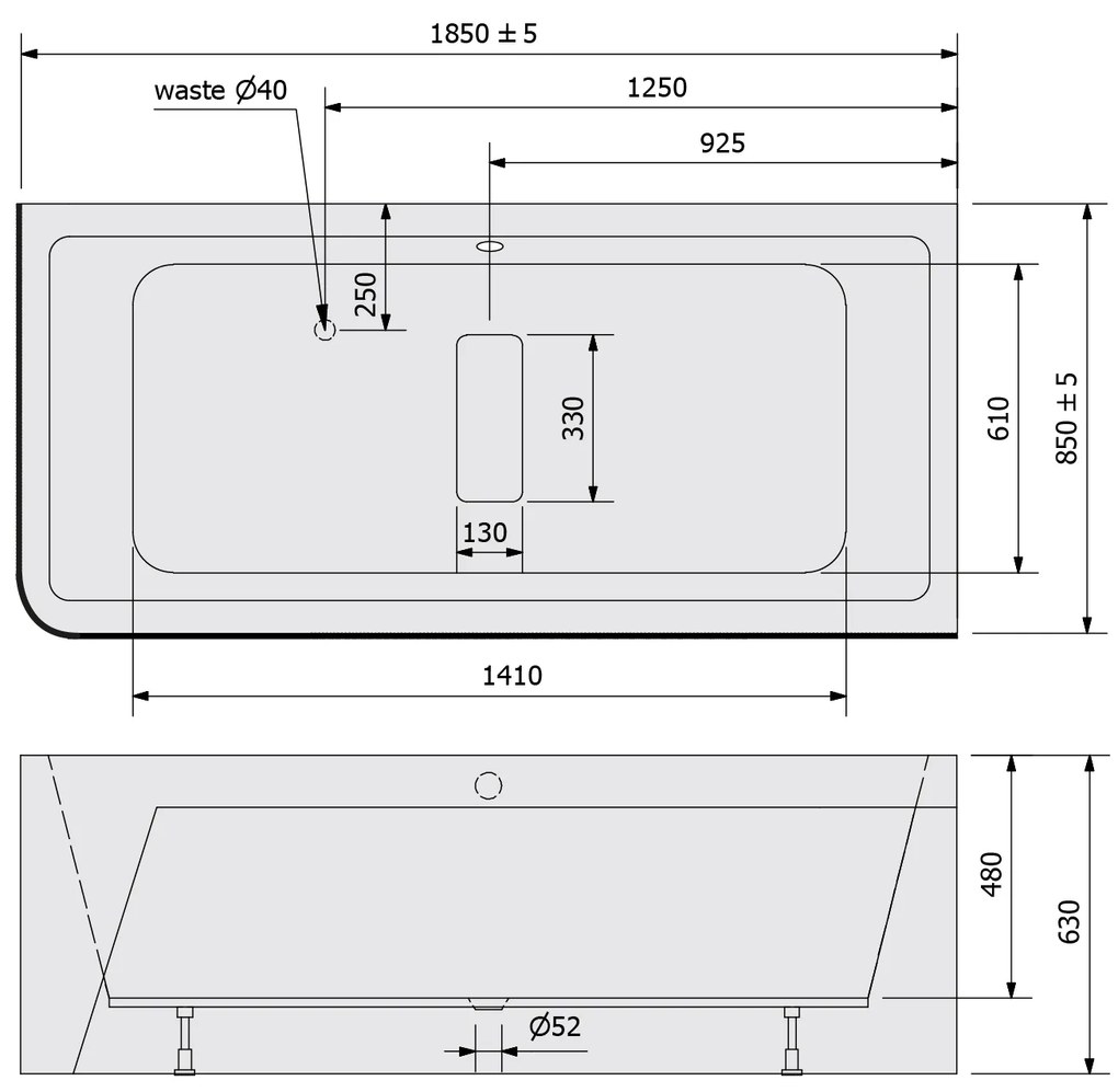 Polysan MARLENE CURVE R MONOLITH obdélníková vana 185x85x63cm, bílá, 71607MCR