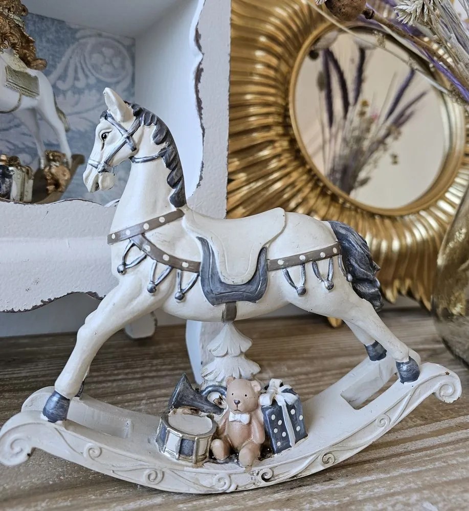 Bílo - šedá antik vánoční dekorace houpací koník - 21*5*18 cm