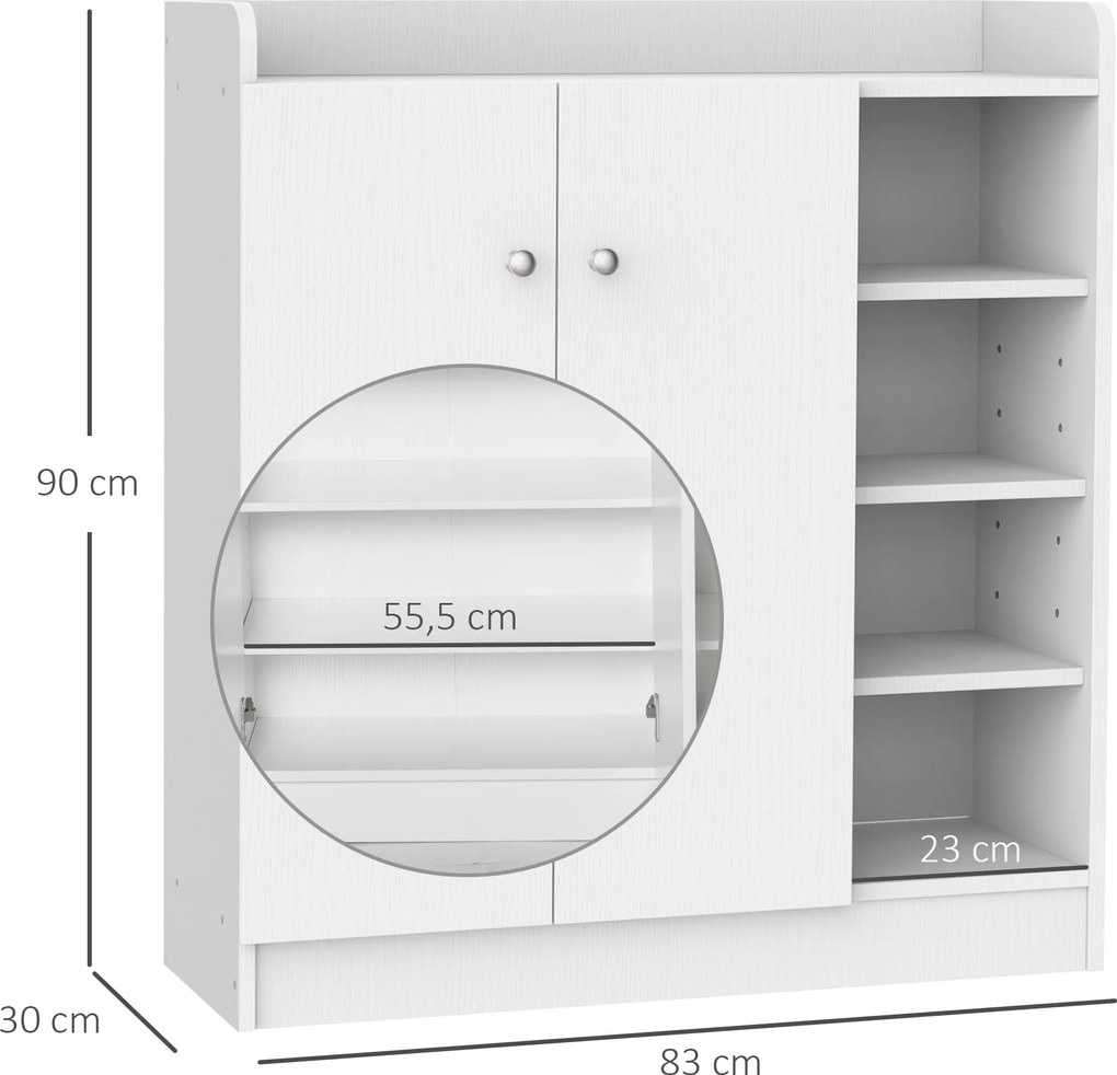 HOMCOM botník komoda se 2 dvířky a 4 přihrádkami do předsíně v bílé barvě 83x30x90 cm, úsporný a moderní |