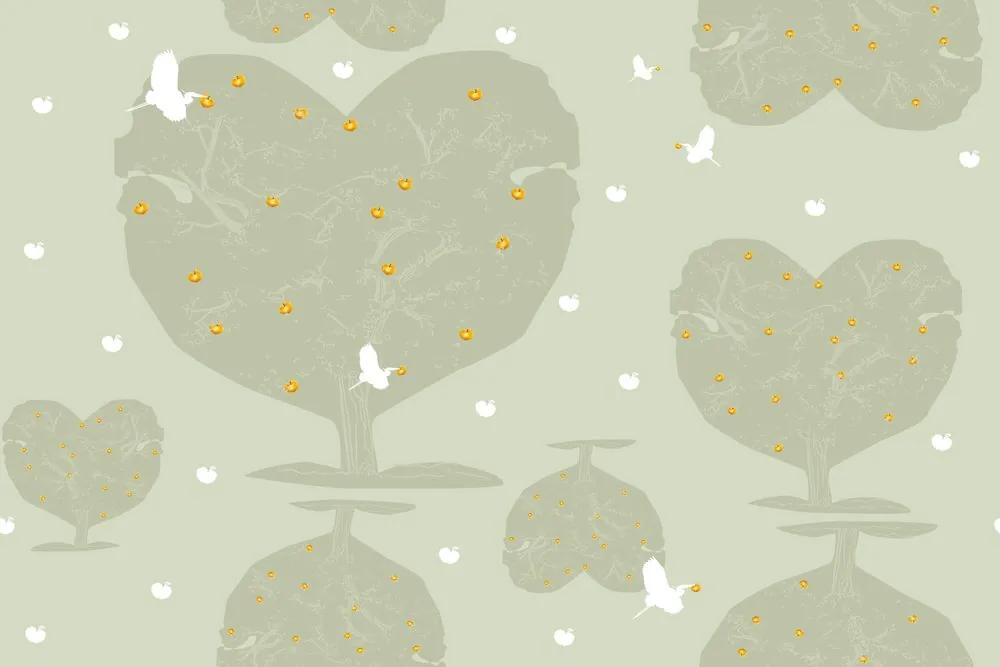 Samolepící tapeta zlatá jablka na stromech ve tvaru srdce