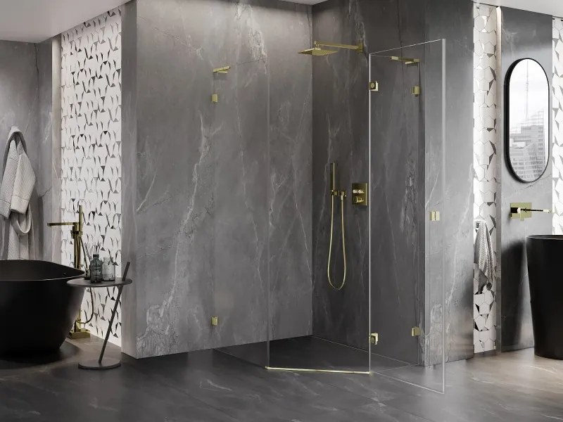 Mexen Lunar, L pravý výklopný pětiúhelníkový sprchový kout 90 x 100 cm, 8mm čiré sklo, zlatý profil, 831L-090P-100L-50-00-P