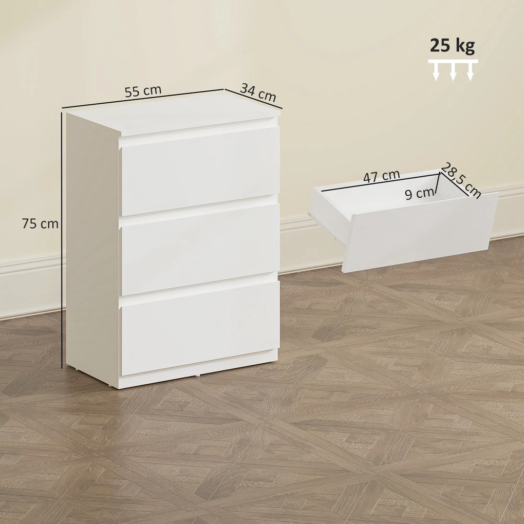 HOMCOM 3zásuvková komoda – moderní bílá bezúchytová komoda do obývacího pokoje, ložnice a předsíně, 55 x 34 x 75 cm