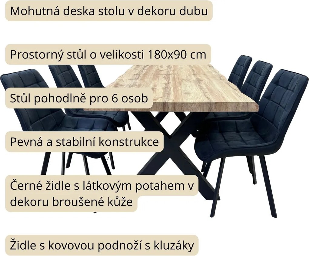 Vikio Jídelní set pro 6 osob 180x90 cm dub, černá broušená kůže VJS118-61C