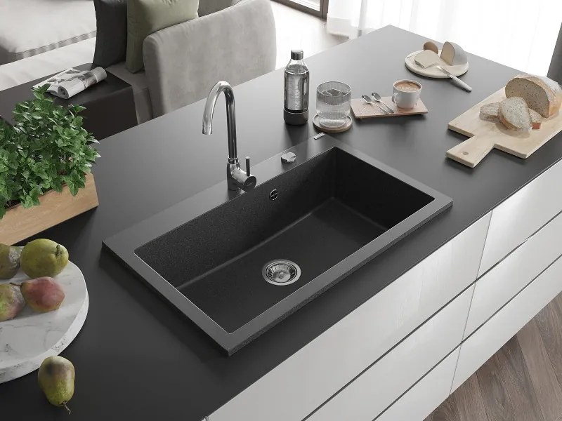 Mexen Elix granitový dřez 1-komorový 800 x 500 mm, černý s tečkami, sifon chrom - 6527801005-76