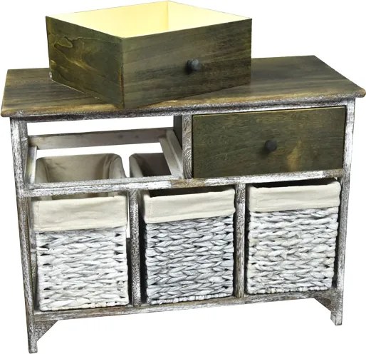 Vingo Dřevěná komoda se 3 košíky z kukuřičného šustí, 69 x 52 cm, 2. jakost