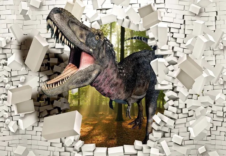 Fototapeta, Tapeta 3D Dinosaur Bursting Through Brick Wall, (416 x 254 cm)