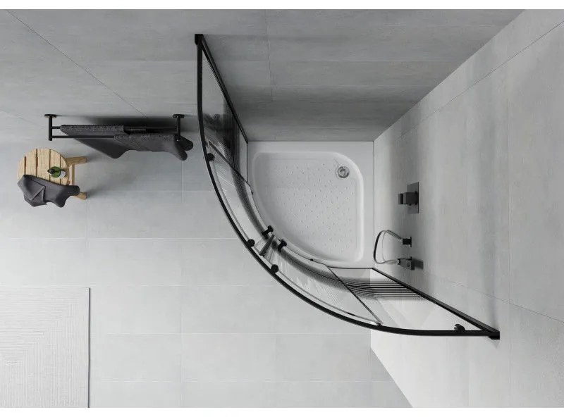 Mexen Rio, čtvrtkruhový sprchový kout s posuvnými dveřmi 70 (dveře) x 70 (dveře) x 190 cm, 5mm čiré sklo s pásky, černý profil + bílá sprchová vanička RIO, 863-070-070-70-20-4710