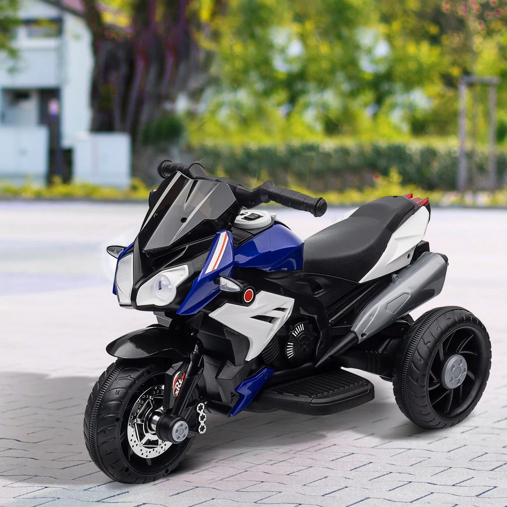 HOMCOM Dětská elektrická motorka se 3 koly pro děti od 3 let s 6V dobíjecí baterií, hudební klakson, světlomety 86x42x52 cm černá a modrá