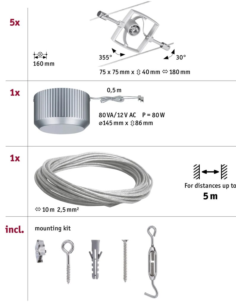 Paulmann 94133 Mac2, lankový systém, 5x max 10W LED 12V, matný chrom, 500cm