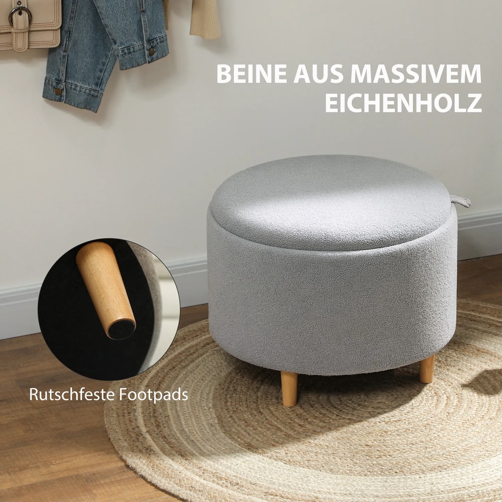 HOMCOM Úložný taburet s úložným prostorem, kulatý potahovaný taburet s sklápěcím víkem, dřevěné nohy, moderní design, do obývacího pokoje, ložnice, š…