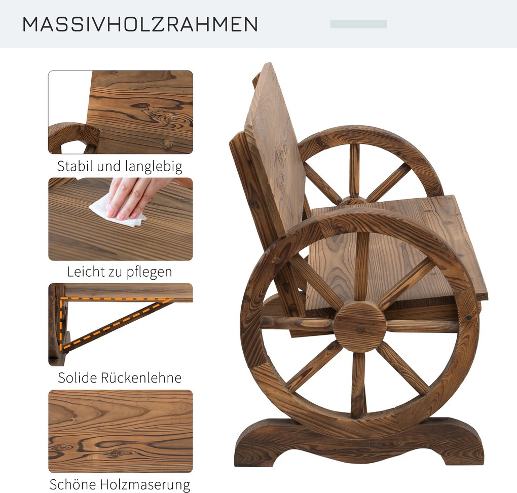 Outsunny Zahradní lavice pro 2 osoby, masivní dřevo, rustikální design kol, nosnost 250 kg, 114 cm, tmavě hnědá