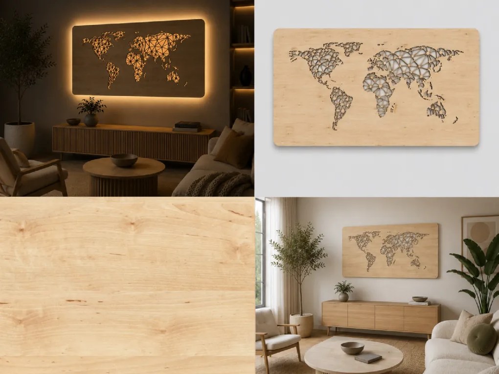 Li-Go "Mapa světa" světelný obraz s baterií a pohybovým čidlem 120x60 cm provedení povrchu: bříza
