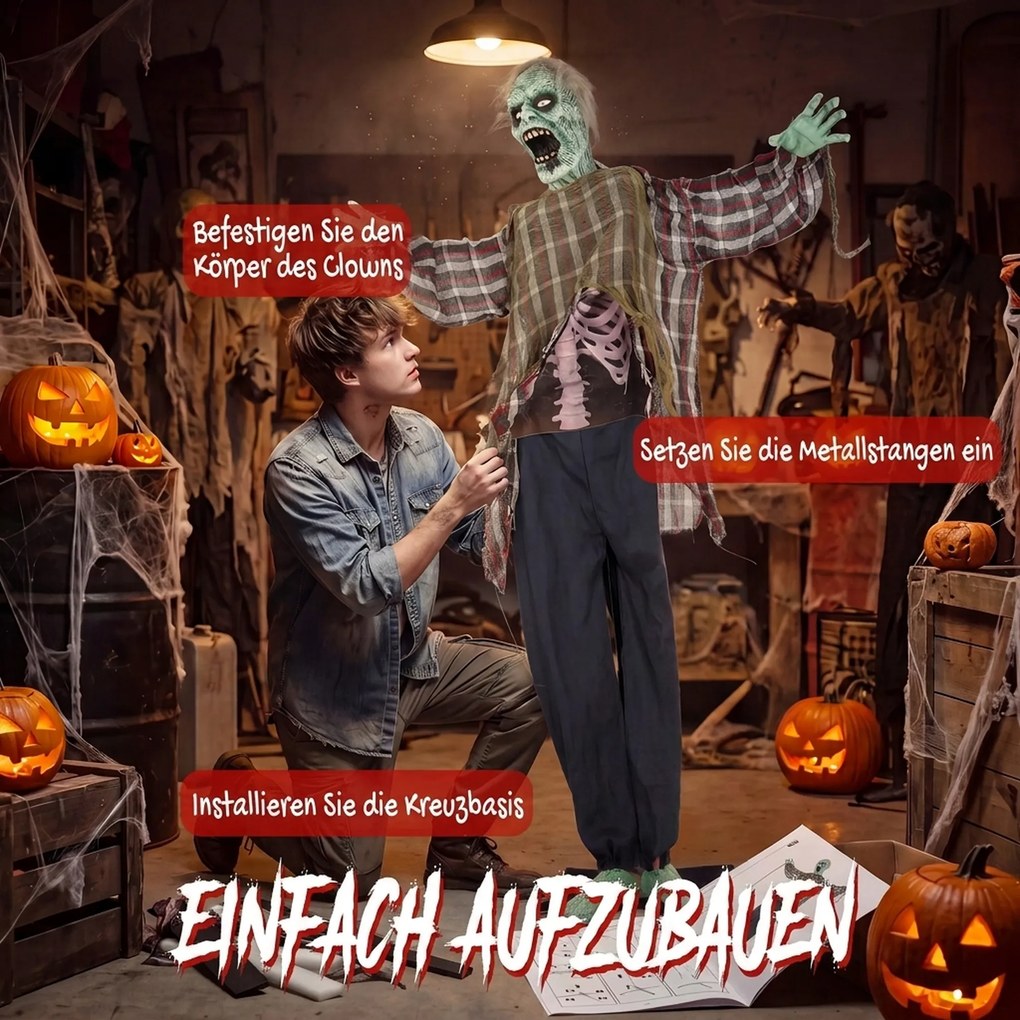 HOMCOM Animovaný Halloween zombie v životní velikosti, 170 cm, s aktivací zvukem a dotykem, hrůzostrašná dekorace