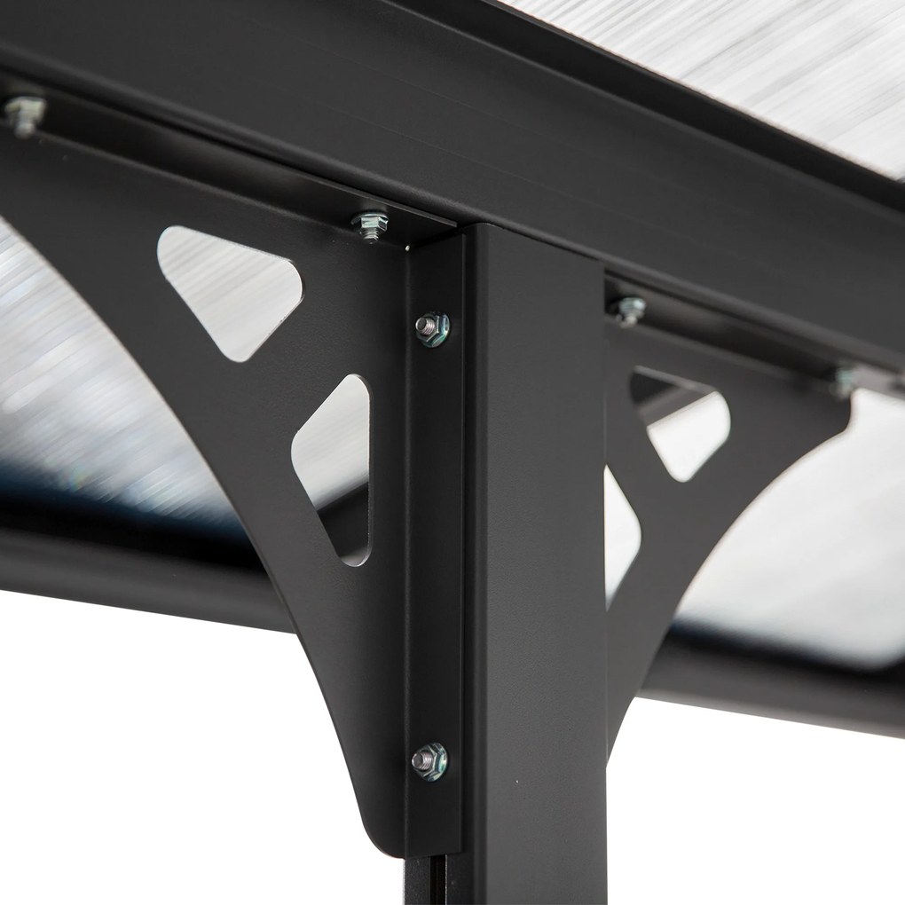Hliníková pergola ke zdi 4,35 × 3,02 m, zastřešení terasy s polykarbonátovou střechou, výškově nastavitelná, šedá