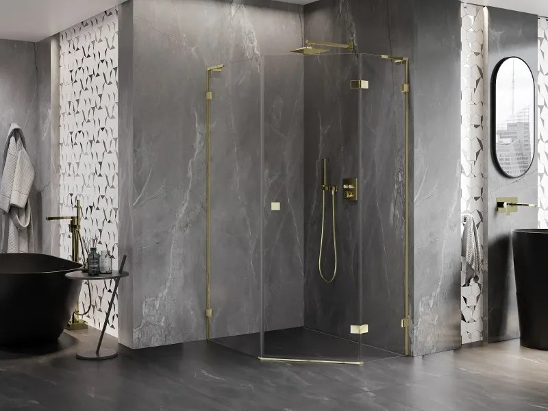 Mexen Lunar, L pravý výklopný pětiúhelníkový sprchový kout 90 x 100 cm, 8mm čiré sklo, zlatý profil, 831L-090P-100L-50-00-P
