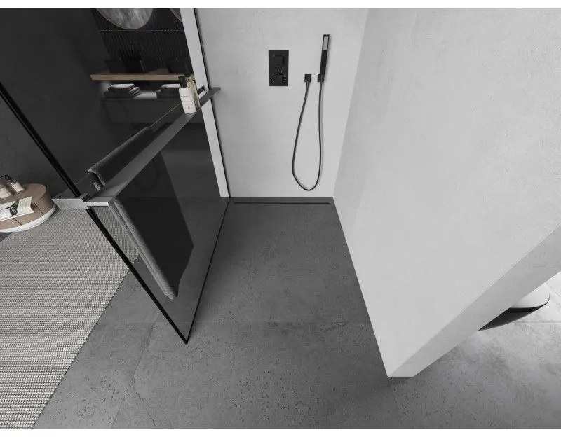 Mexen Kioto+, sprchová zástěna Walk-In s poličkou a věšákem 90 x 200 cm, 8mm čiré sklo černý vzor, grafitový profil, 800-090-121-66-70