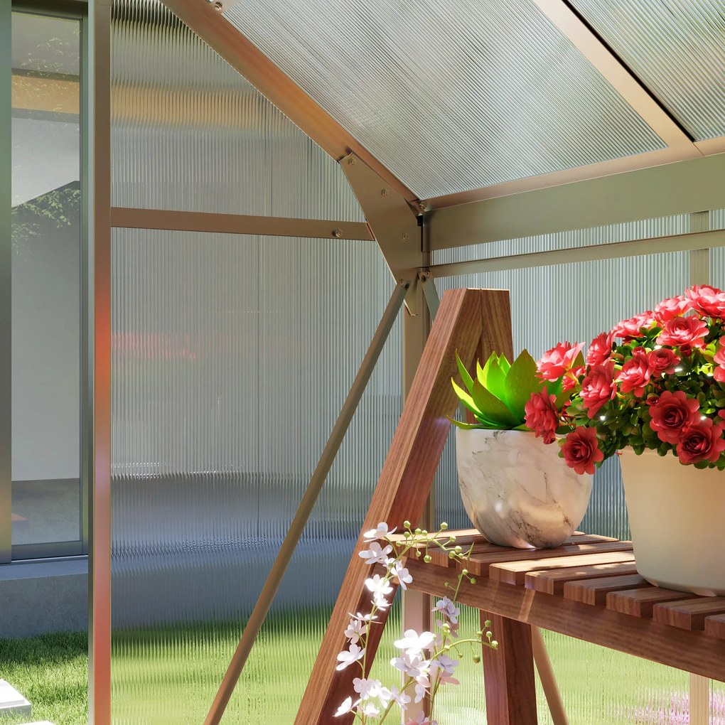 Outsunny hliníkový skleník 2,51 m² — 190 × 132 × 201 cm s pozinkovaným podstavcem, střešním větráním, posuvnými dveřmi, 4 mm UV-odolnými polykarbonát…