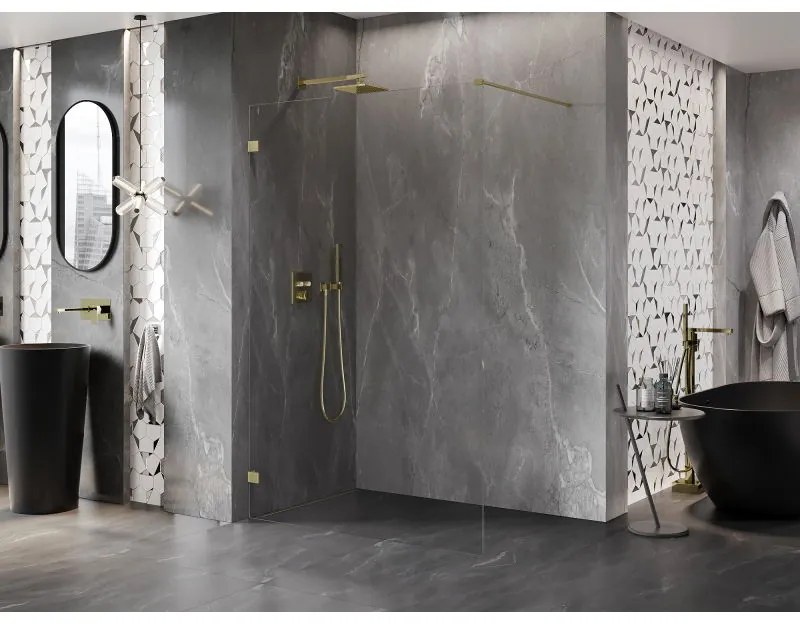 Mexen Lunar sprchová stěna levá 100 x 200 cm, 8mm čiré sklo, zlatá matná, 830-100-000-55-00-L