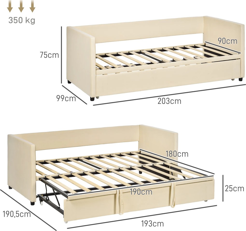 HOMCOM 2-v-1 rám pohovky na spaní, dvoumístná pohovka a manželská postel, kompatibilní s dvěma matracemi 90 x 190 cm