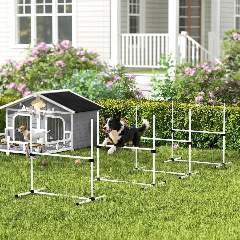 PawHut agility překážková sada pro výcvik psů 4 překážky slalomové tyče plastové bílé 99x65x94cm pro aktivní výcvik psů