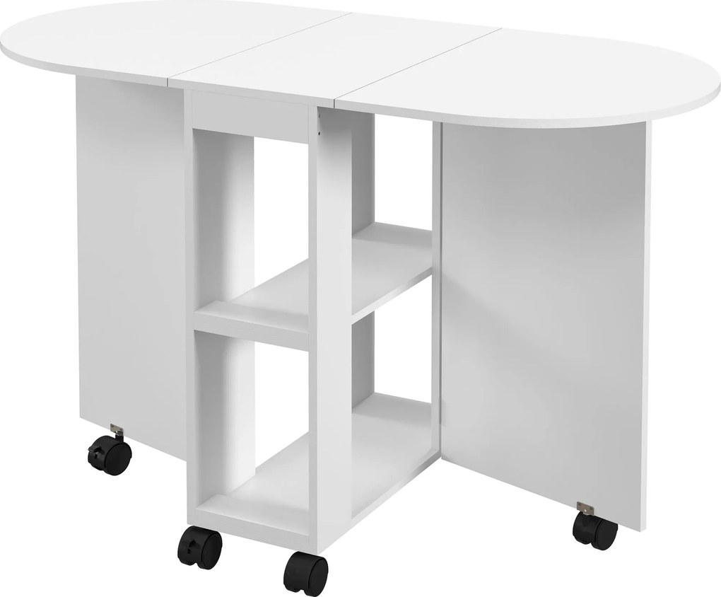 HOMCOM Skládací jídelní stůl na kolečkách s rozkládacími bočnicemi a 2 otevřenými policemi, moderní styl, nosnost 80 kg, 120x60x77 cm, bílý