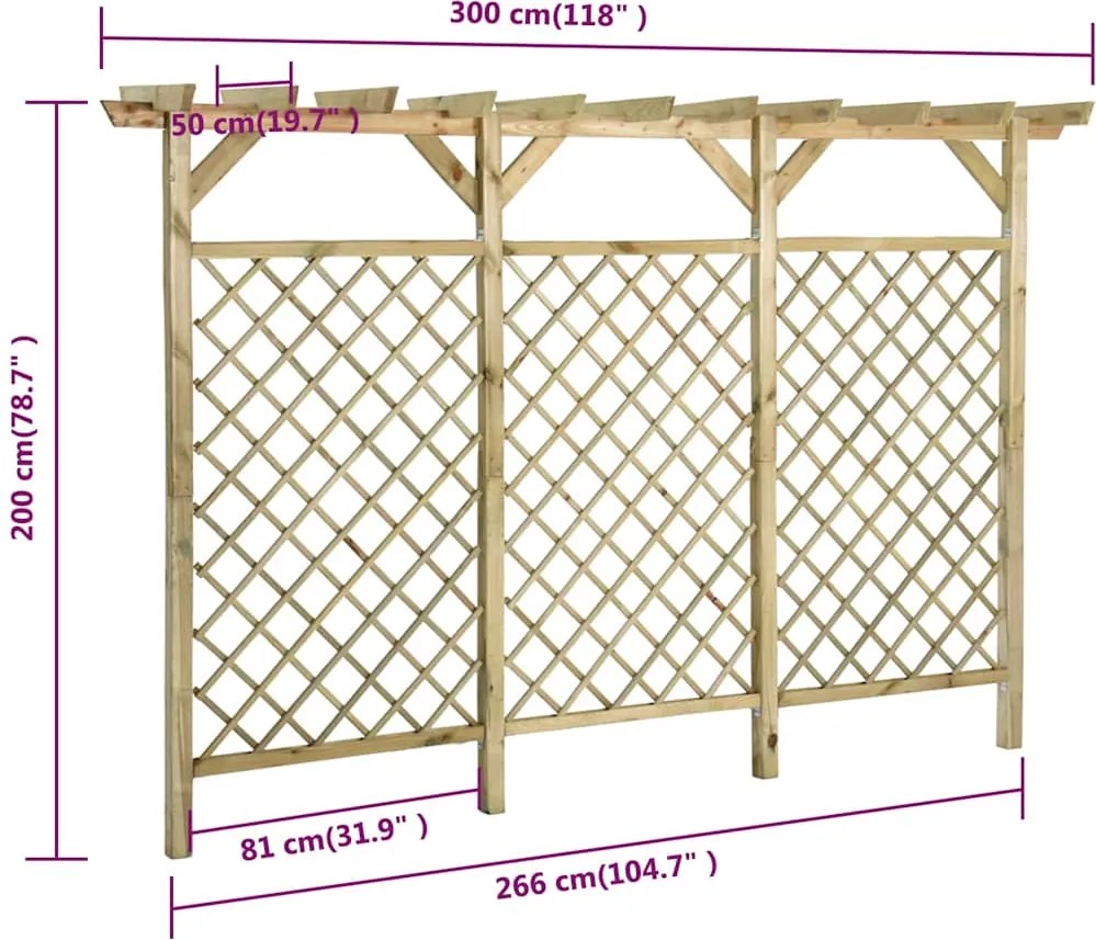 Zahradní mřížkovaný plot s pergolou 300 x 50 x 200 cm borovice 318417