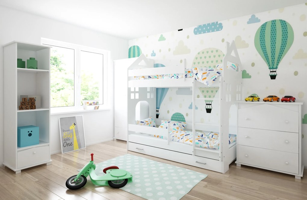 BabyBeds Dětská patrová postel DOMEK II 180x80 Barevné provedení: Bílá, Úložný prostor: Ano, s úložným prostorem