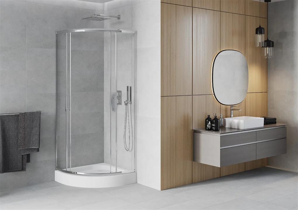 Mexen Rio, čtvrtkruhový sprchový kout s posuvnými dveřmi 80 x 80 cm, 5mm čiré sklo, chromový profil + bílá vysoká sprchová vanička Rio, 863-080-080-01-00-4710