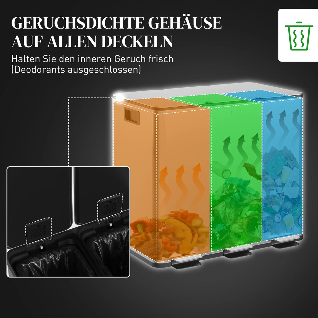 HOMCOM Kuchyňský Odpadkový Koš s 3 Přihrádkami 3x15L Nerezová Ocel s Měkkým Uzavíráním a Odnímatelnými Přihrádkami pro Recyklaci Odpadu