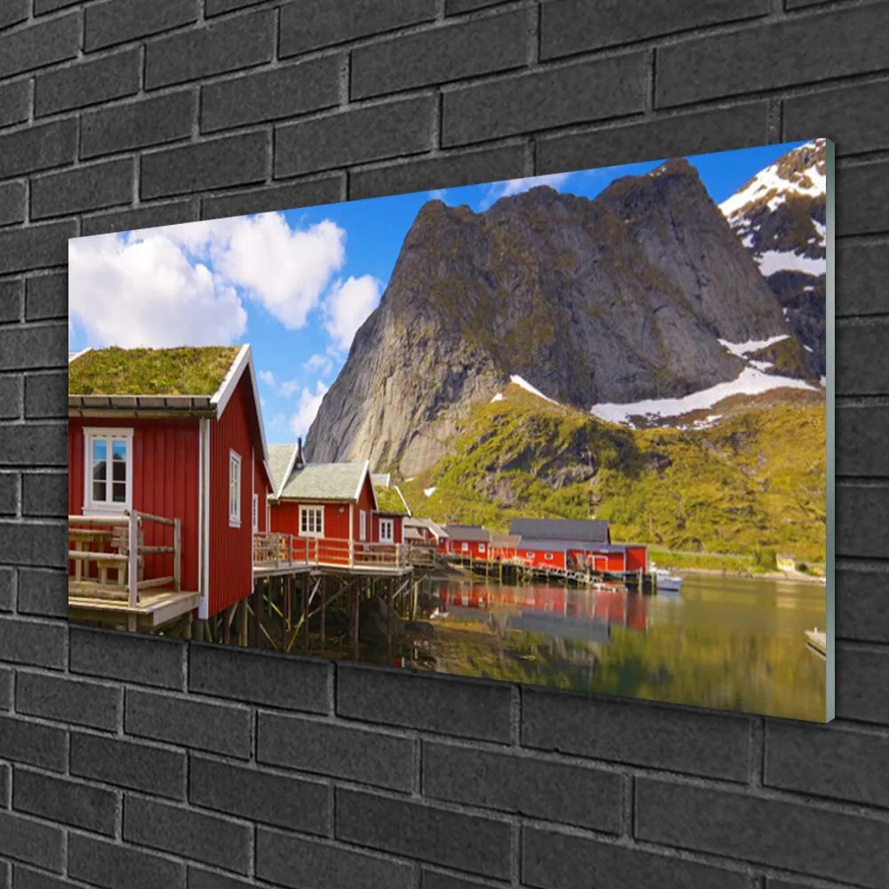 Obraz na skle Domy Jezero Hory Krajina 140x70 cm