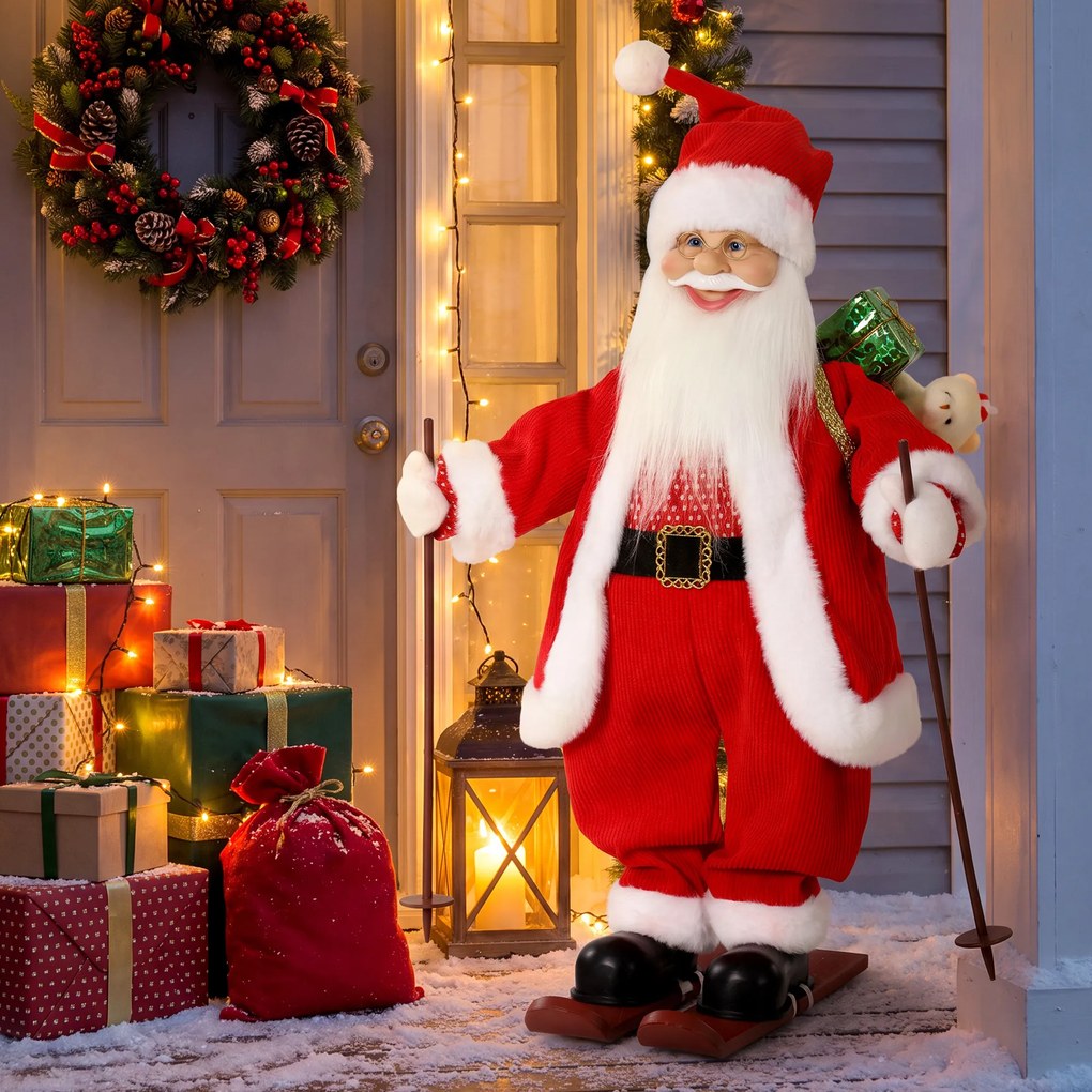 HOMCOM Zpívající lyžařský Santa Claus, 66 cm, stojící animovaná vánoční postava se lyžemi, pytlem s dárky a aktivací zvukem / dotykem