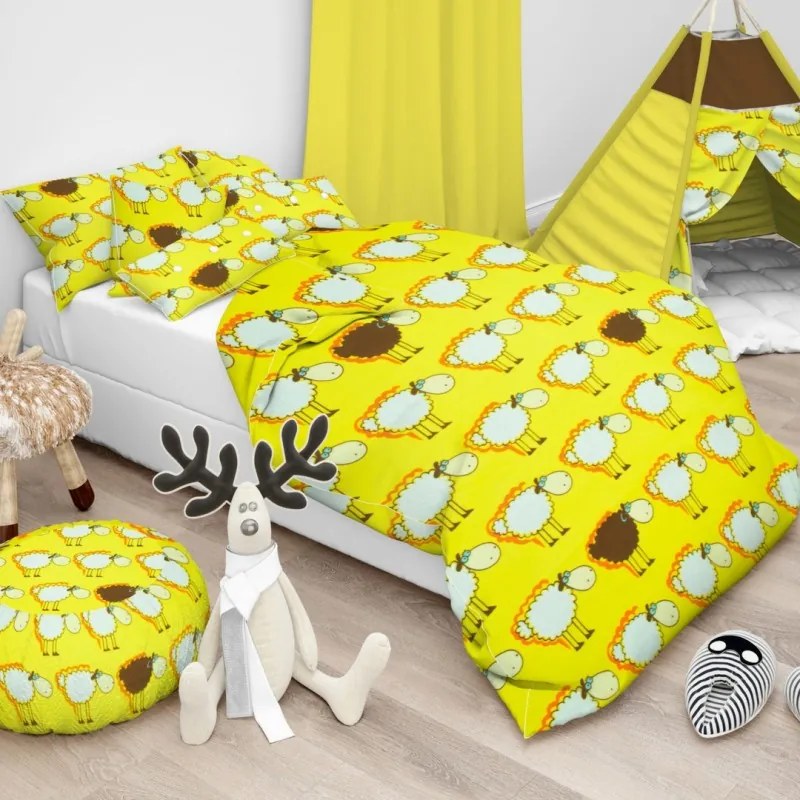 Povlečení bavlněné dětské Ovečky žluté TiaHome - 1x Polštář 90x70cm, 1x Přikrývka 140x200cm