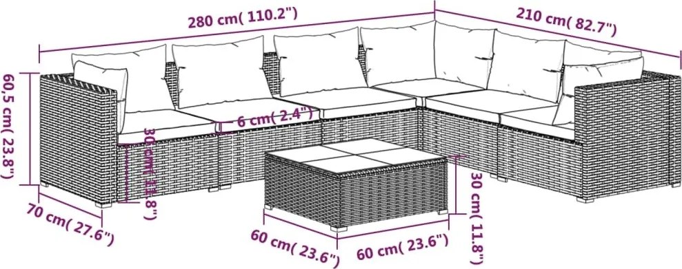 vidaXL 7dílná zahradní sedací souprava s poduškami polyratan [3101729] Barva: Šedá a antracitová