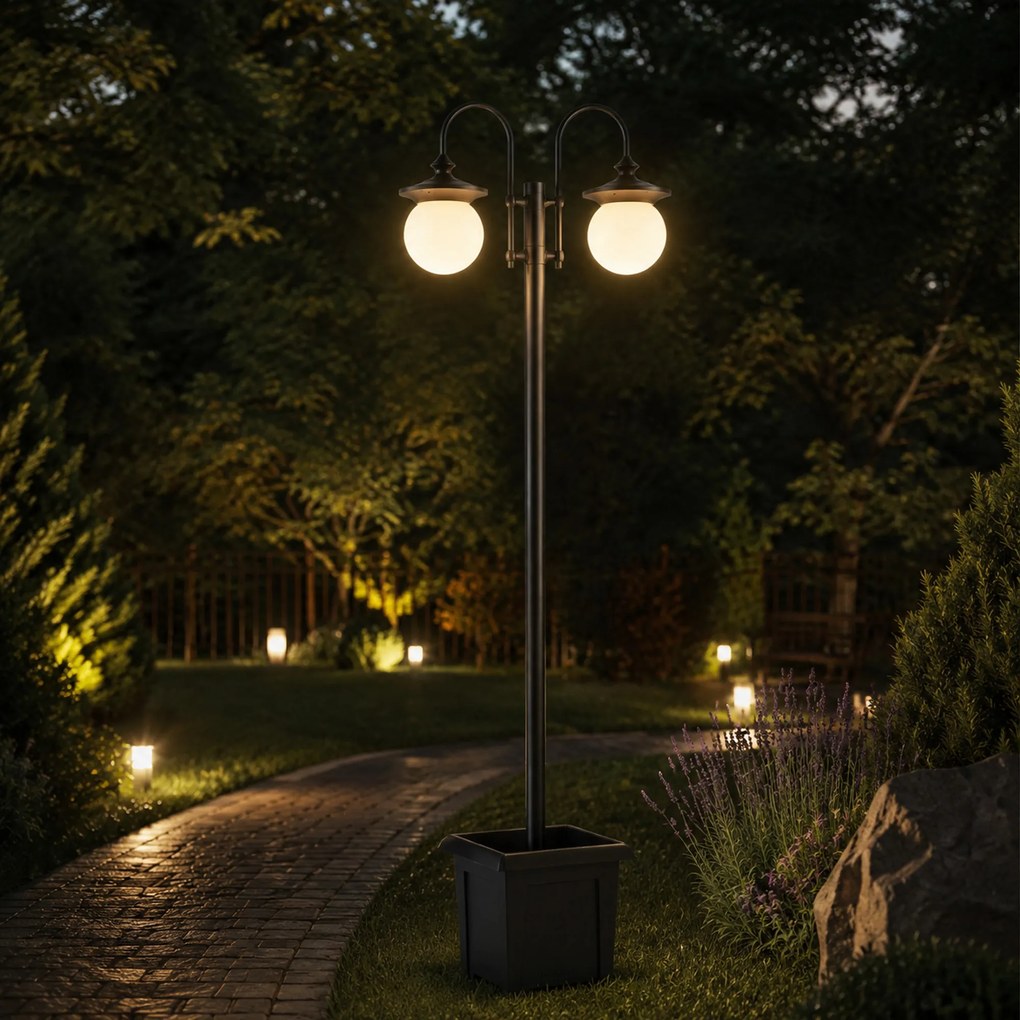 Outsunny Solární lucerna stojací lampa, výška nastavitelná 182 cm, venkovní zahradní lucerna se 2 hlavami, květináč, světelný senzor, vypínač, IP44