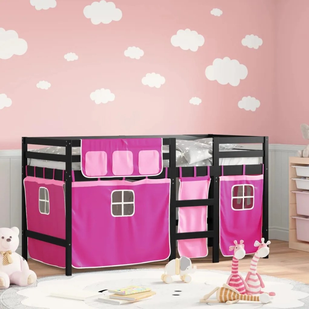 Dětská patrová postel se závěsy růžová 80 x 200 cm borovice,  3283816