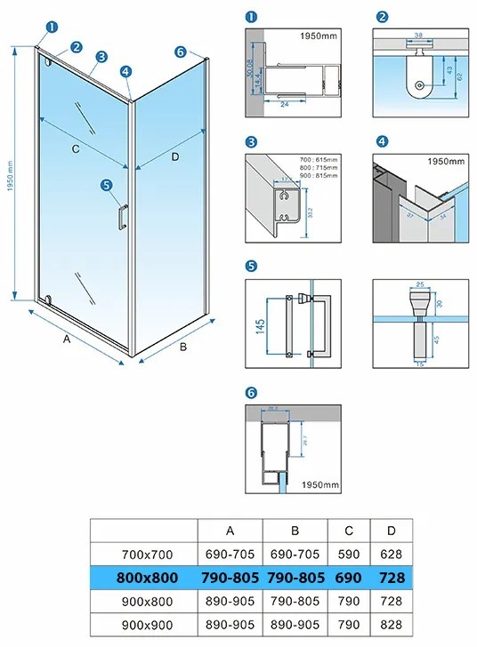 BPS-koupelny Čtvercový sprchový kout HYD-OK04B 80x80 černá/transparent - bez vaničky
