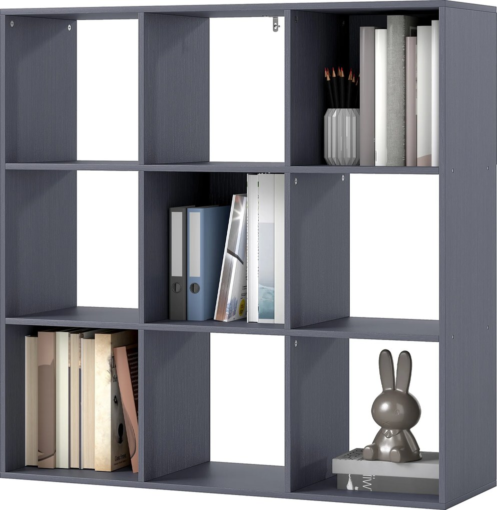 HOMCOM knihovna, třípatrový úložný regál s 9 přihrádkami, do obývacího pokoje, kanceláře nebo ložnice, 91 x 29,5 x 91 cm, šedá