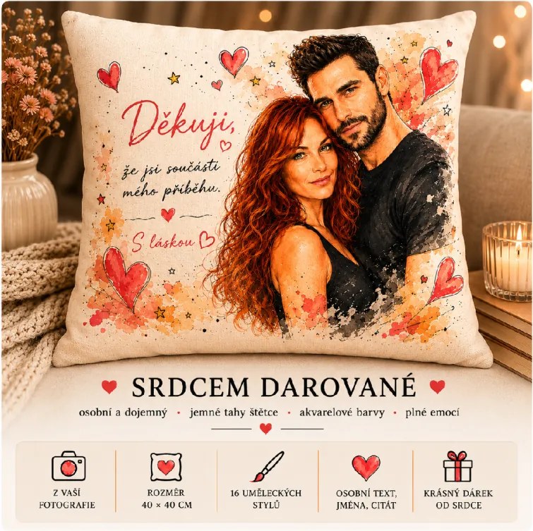 Personalizovaný polštář z fotografie – umělecký portrét 45 × 45 cm Styl portrétu:: Perokresba