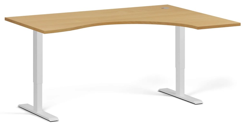 Ergonomický výškově nastavitelný stůl, 160x120 cm, 2 motory, L/P, bílá podnož, buk