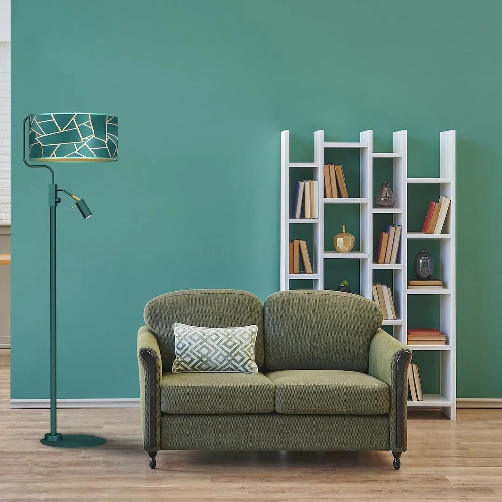 Stojací lampa Ziggy, 1x zelené/zlaté textilní stínítko + 1x zelené kovové stínítko, gr/g