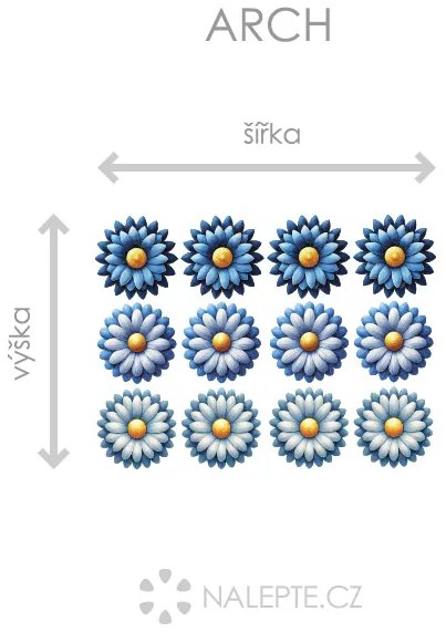 Modré květy 12 ks textilní přelepitelné samolepky na zeď 12 ks 4 x 4 cm